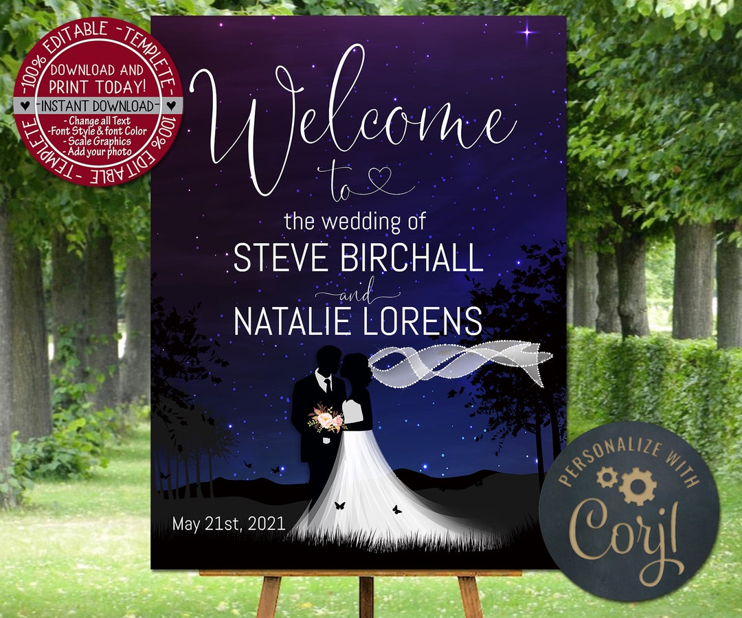 Wedding Welcome Sign Editable Blue Purple Bride Groom Welcome Template ...