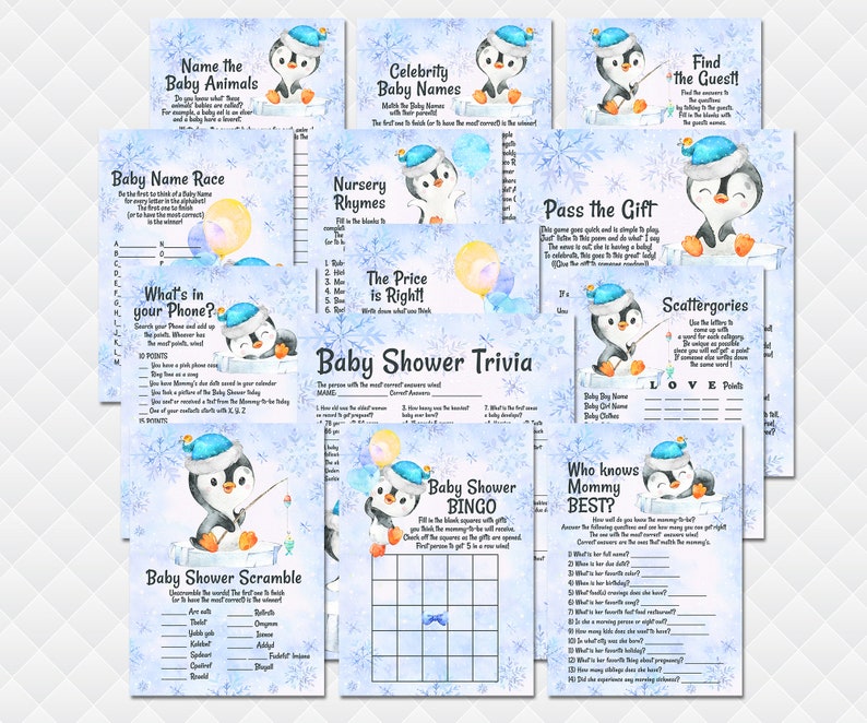 Penguin Baby Shower Games Package Nursery Rhyme Celebrity - Etsy
