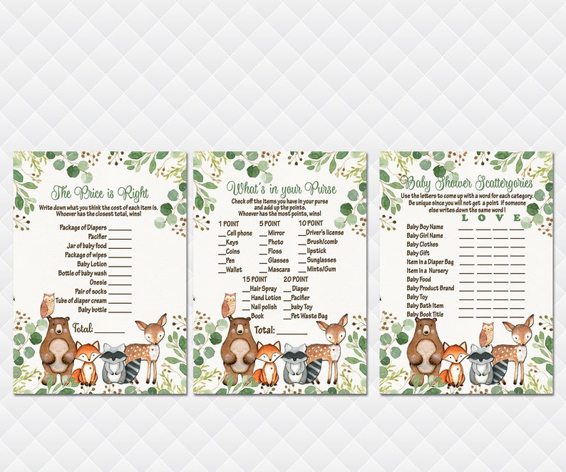 Woodland Baby Shower Games Package Bingo Quiz Celebrity - Etsy