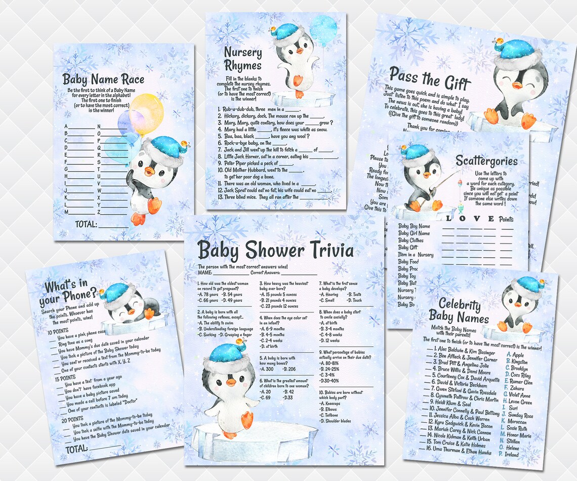 Penguin Baby Shower Games Package Nursery Rhyme Celebrity - Etsy