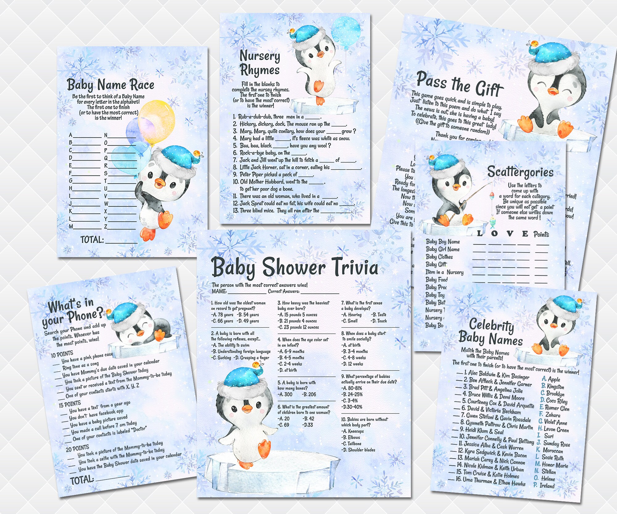 Penguin Baby Shower Games Package Nursery Rhyme Celebrity - Etsy