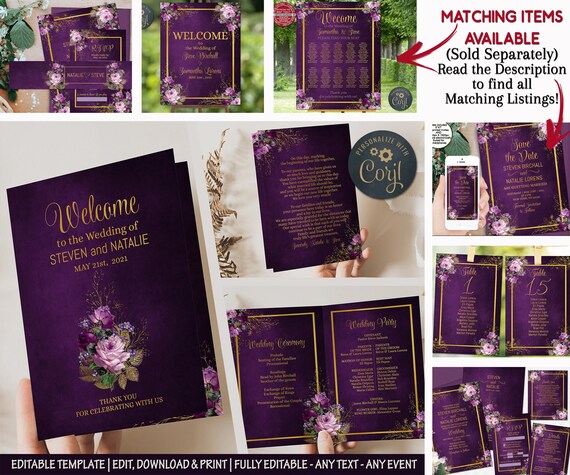 Wedding Program Purple Roses Printable Wedding Program Purple | Etsy