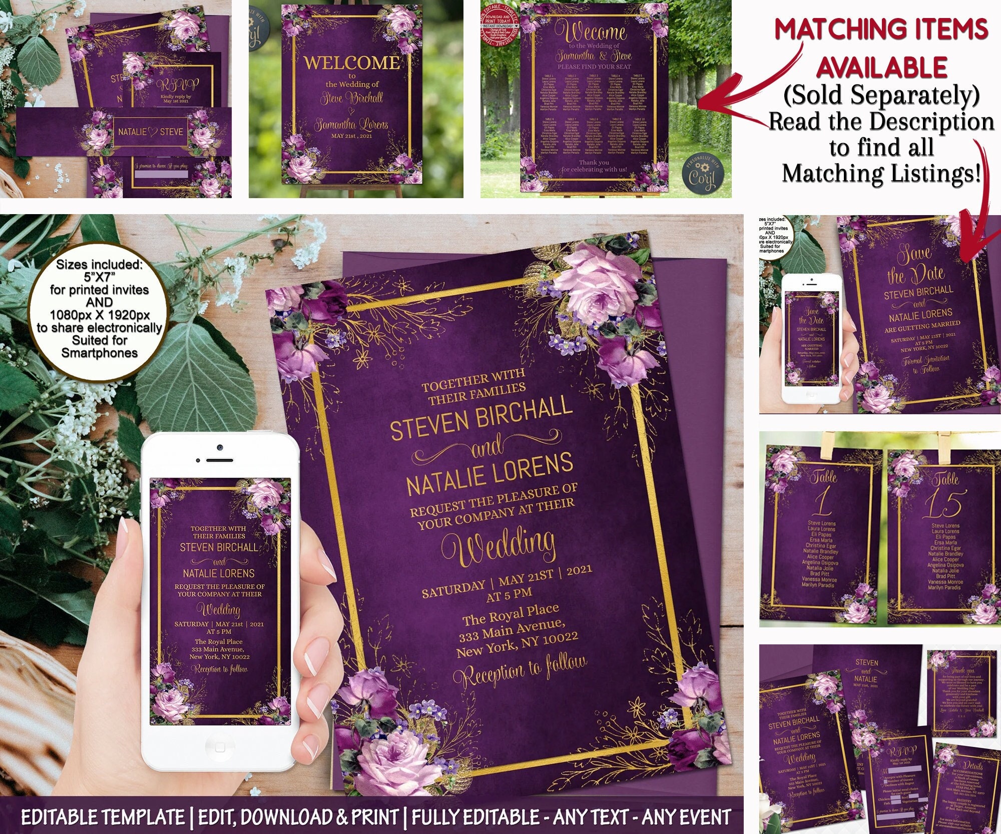 Purple Roses Wedding Invitation Editable Bridal Shower Invite - Etsy