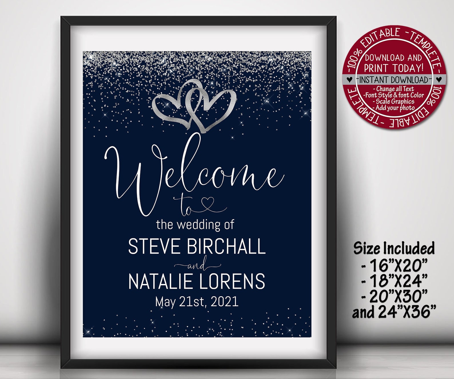 Wedding Welcome Sign Navy Blue Silver Hearts Editable Welcome - Etsy