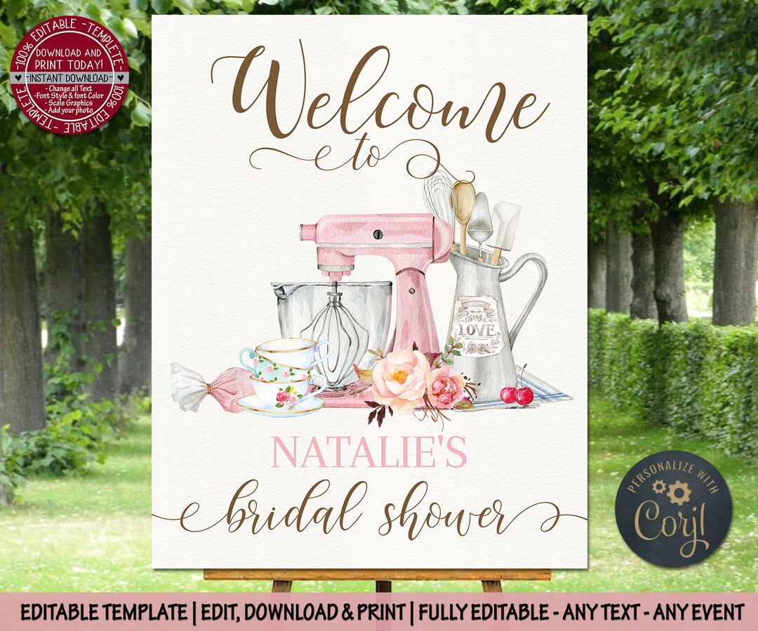 Kitchen Bridal Shower Welcome Sign Pink Brown Floral Mixer Tea Sign ...
