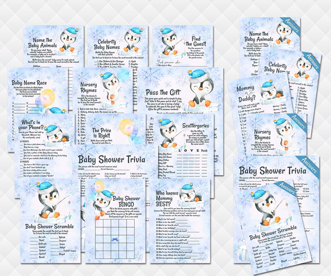 Penguin Baby Shower Games Package Nursery Rhyme Celebrity Bingo Quiz ...