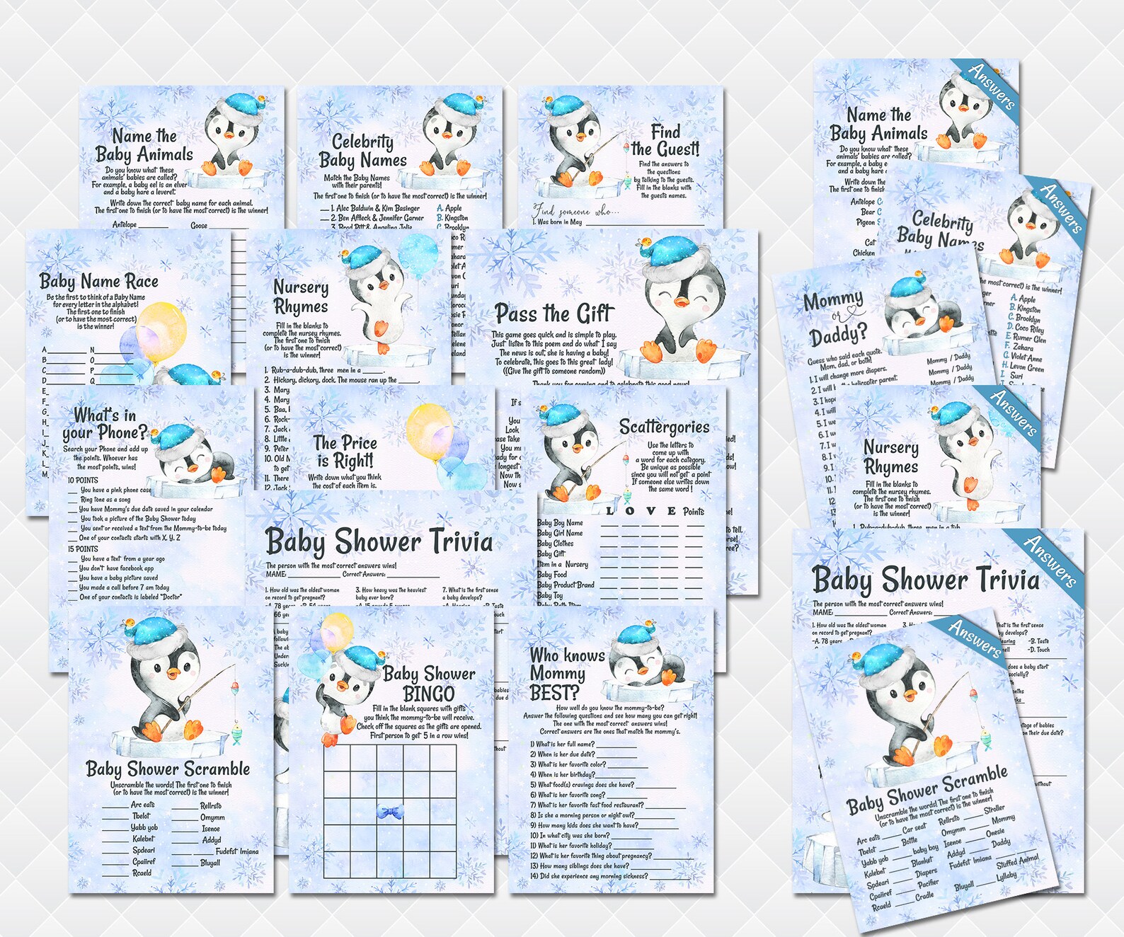 Penguin Baby Shower Games Package Nursery Rhyme Celebrity | Etsy