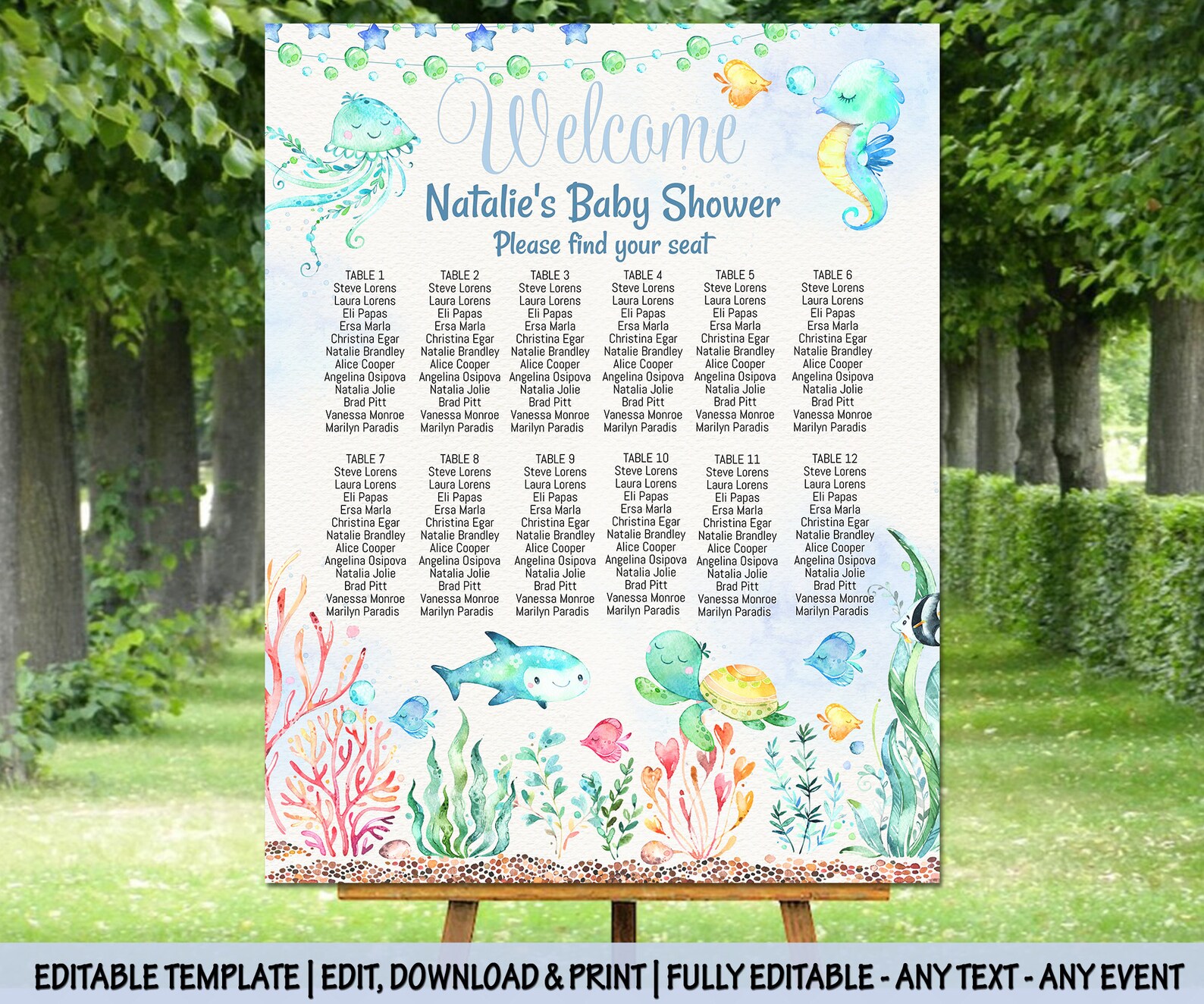 Under the Sea Seating Chart Template Editable Oceans Seating Chart Sign ...