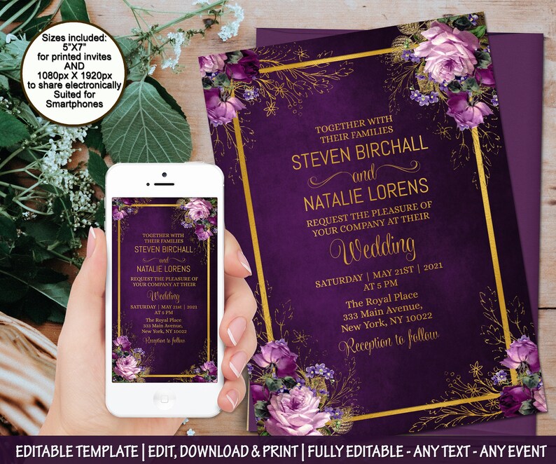 Purple Roses Wedding Invitation Editable Bridal Shower Invite - Etsy