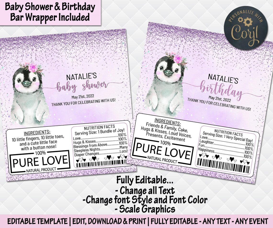 Penguin Baby Shower Bar Wrapper Template Birthday Candy Bar - Etsy