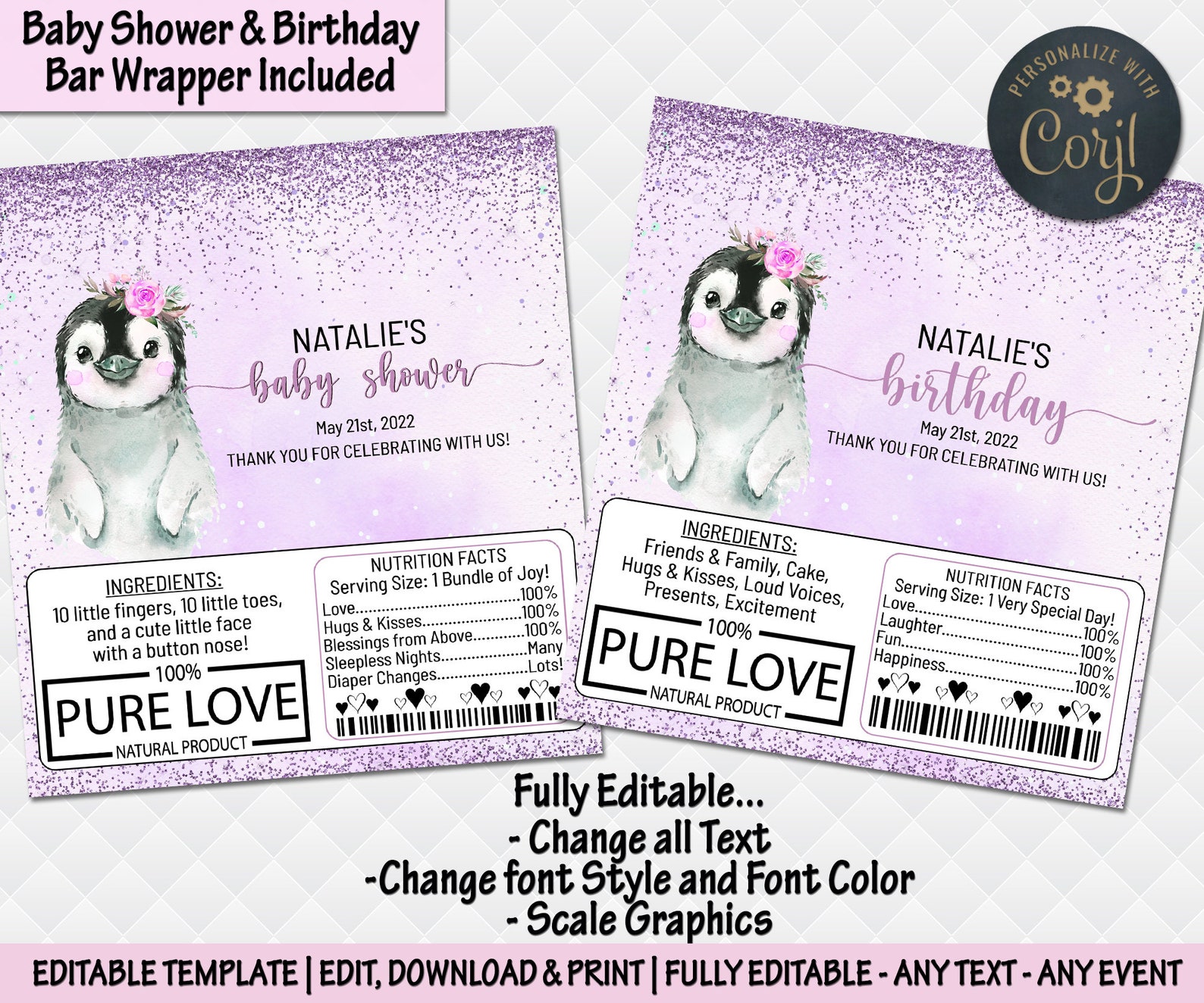 Penguin Baby Shower Bar Wrapper Template Birthday Candy Bar - Etsy