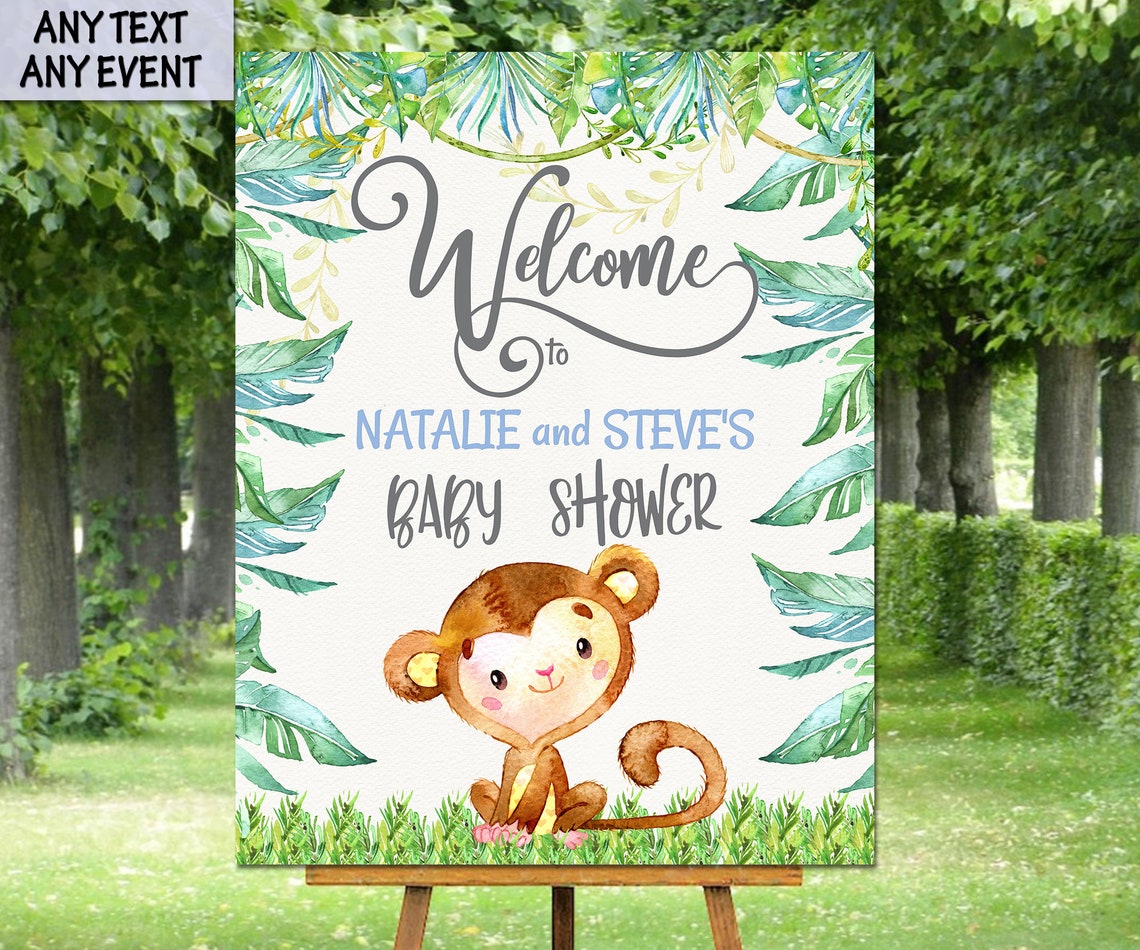 Monkey Baby Shower Welcome Sign Jungle Welcome Poster Blue - Etsy