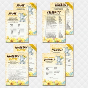 Elephant Baby Shower Games Package Bingo What's in Your Purse Quiz ...