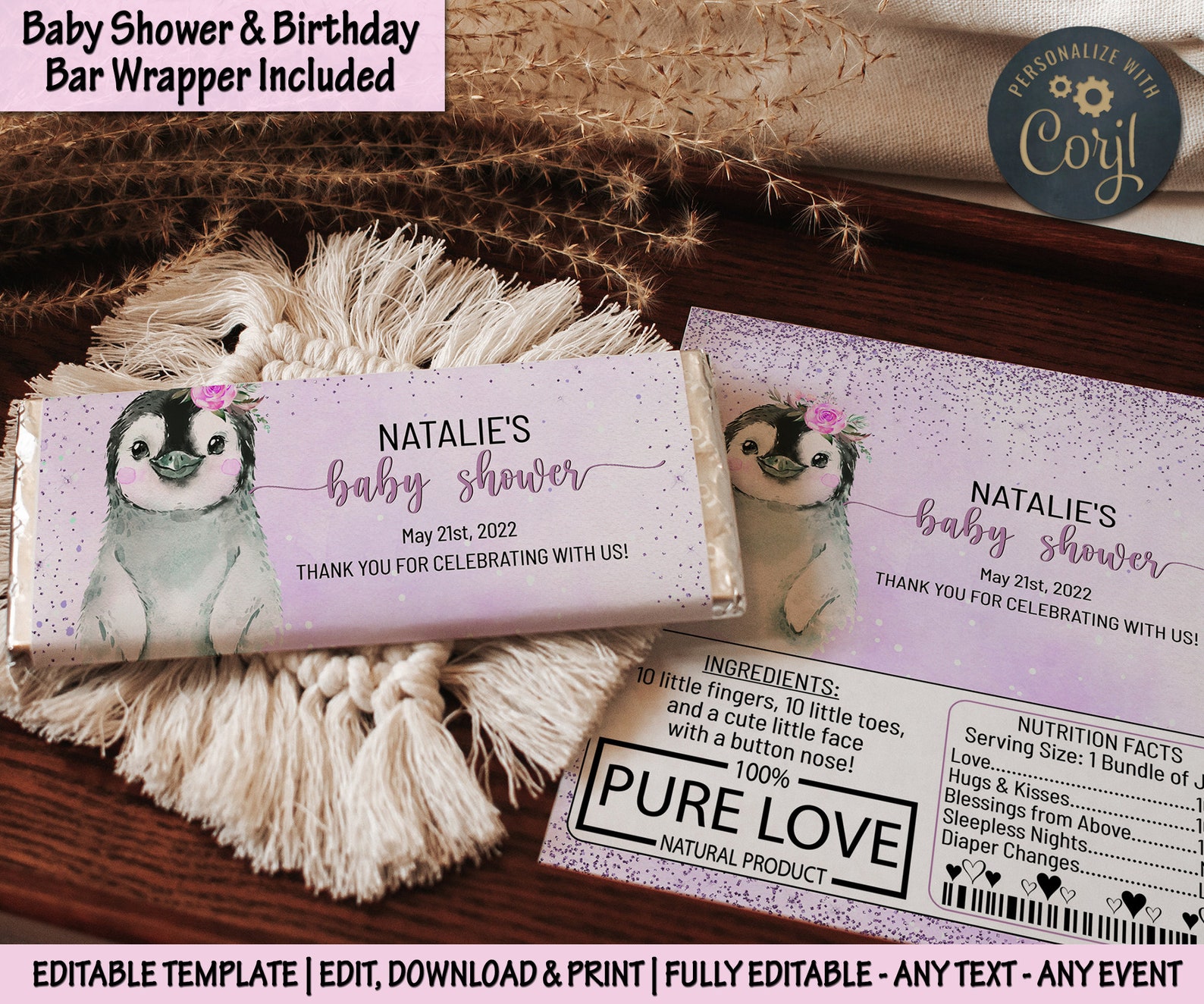 Penguin Baby Shower Bar Wrapper Template Birthday Candy Bar - Etsy