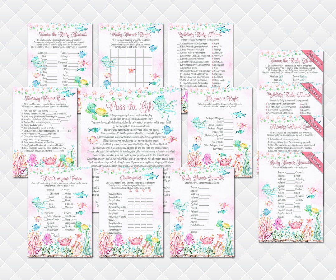 Under the Sea Baby Shower Games Package Bingo What's in Your Purse Quiz ...