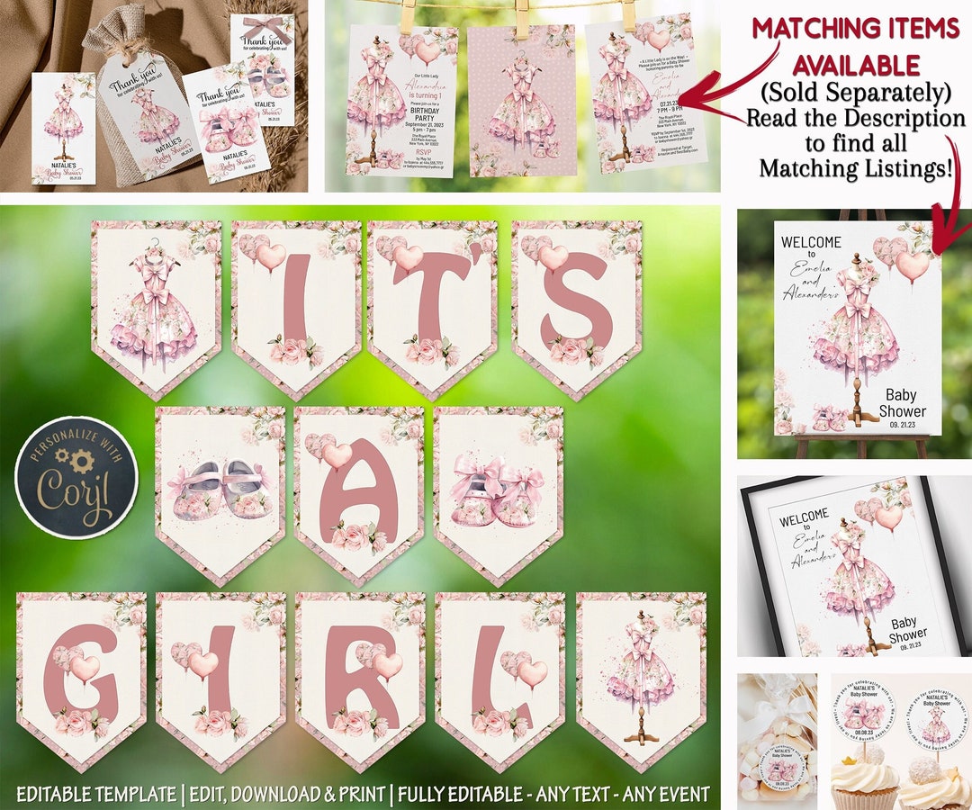 Little Lady Banner Editable Banner Sign Vintage Dress Baby Shower ...