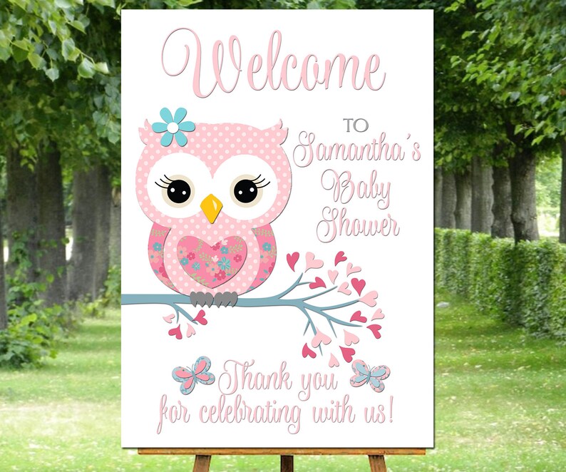 Owl Baby Shower Welcome Sign pink owl Welcome Poster | Etsy