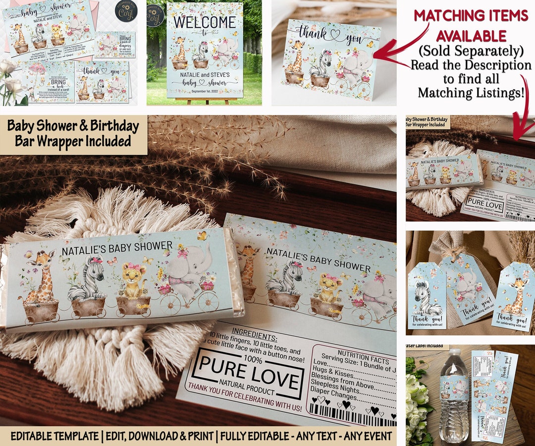 Safari Animals Baby Shower Bar Wrapper Template Birthday Candy - Etsy