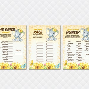 Elephant Baby Shower Games Package Bingo What's in Your Purse Quiz ...