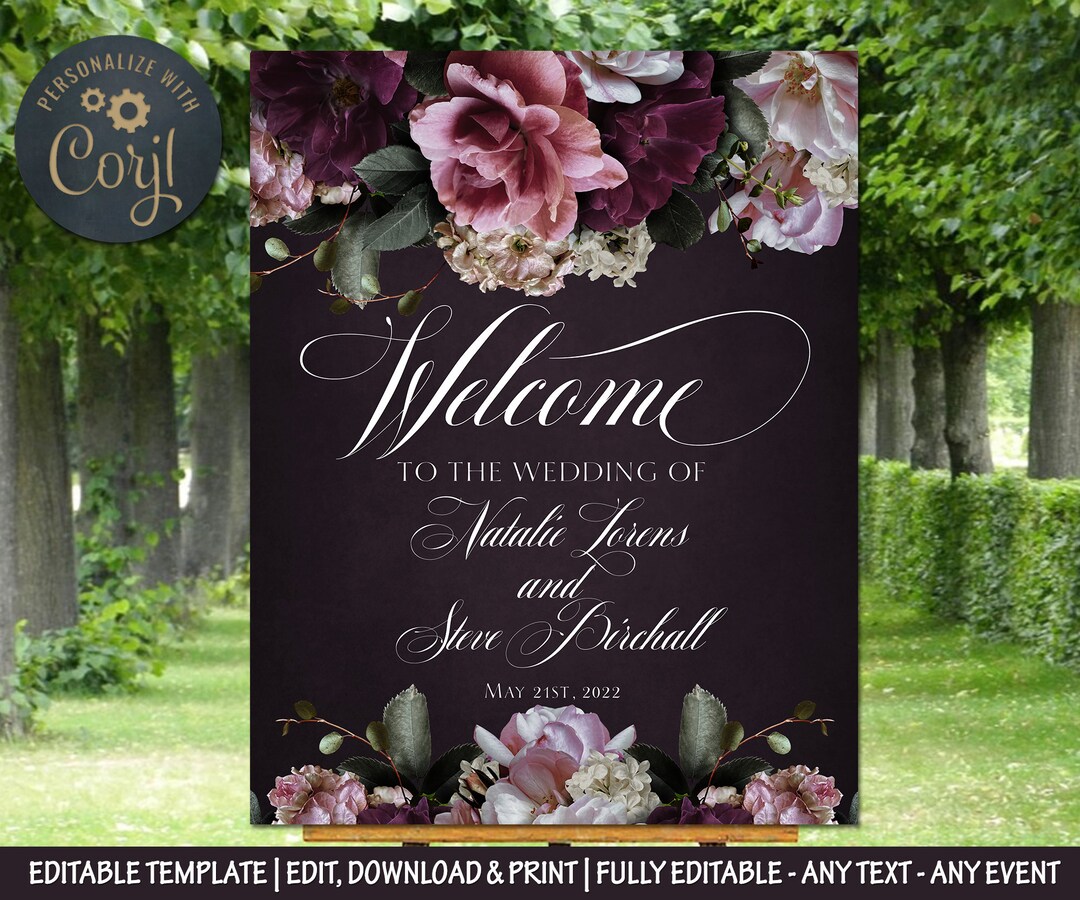 Pink Red Roses Wedding Welcome Sign Peonies Welcome Purple Floral ...