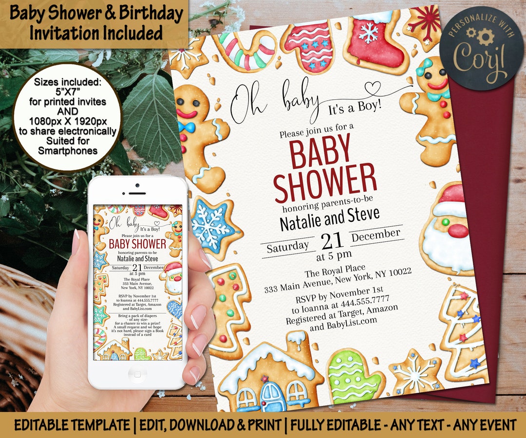 Christmas Gingerbread Baby Shower Invitation Girl Boy Winter Cookies ...