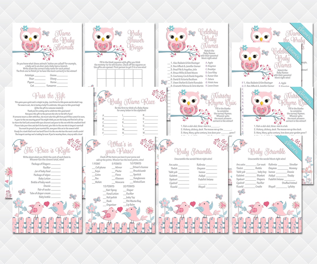 Pink Owl Baby Shower Games Package Bingo What's in Your Purse Quiz ...