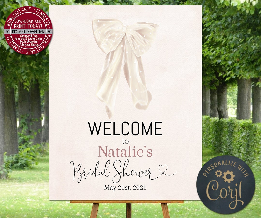 Bow Bridal Shower Welcome Sign White Pink Bow Welcome Sign Editable ...