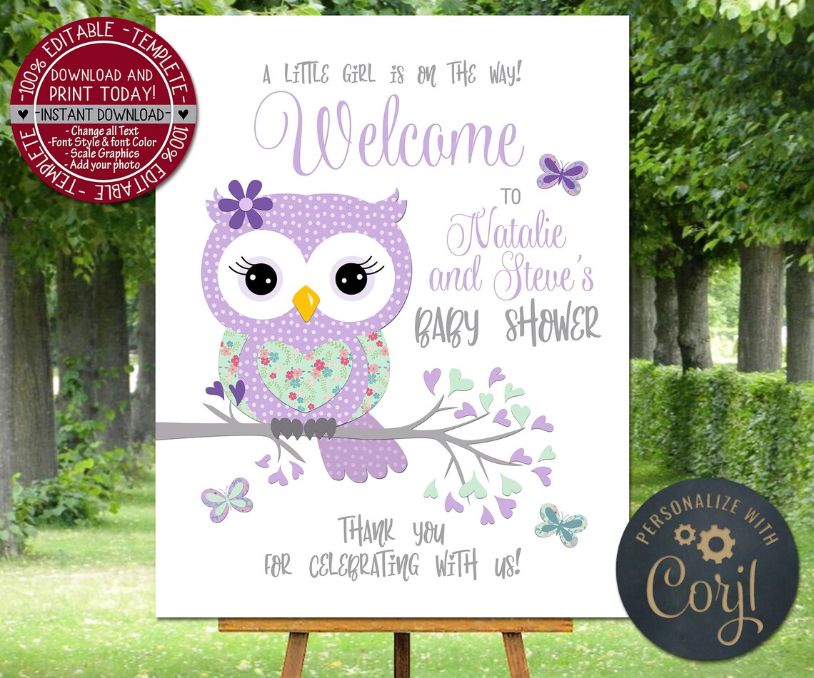 Owl Baby Shower Welcome Sign Purple Mint Owl Welcome Poster - Etsy