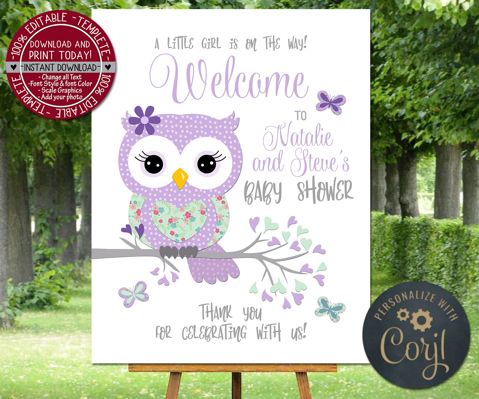 Owl Baby Shower Welcome Sign Purple Mint Owl Welcome Poster - Etsy