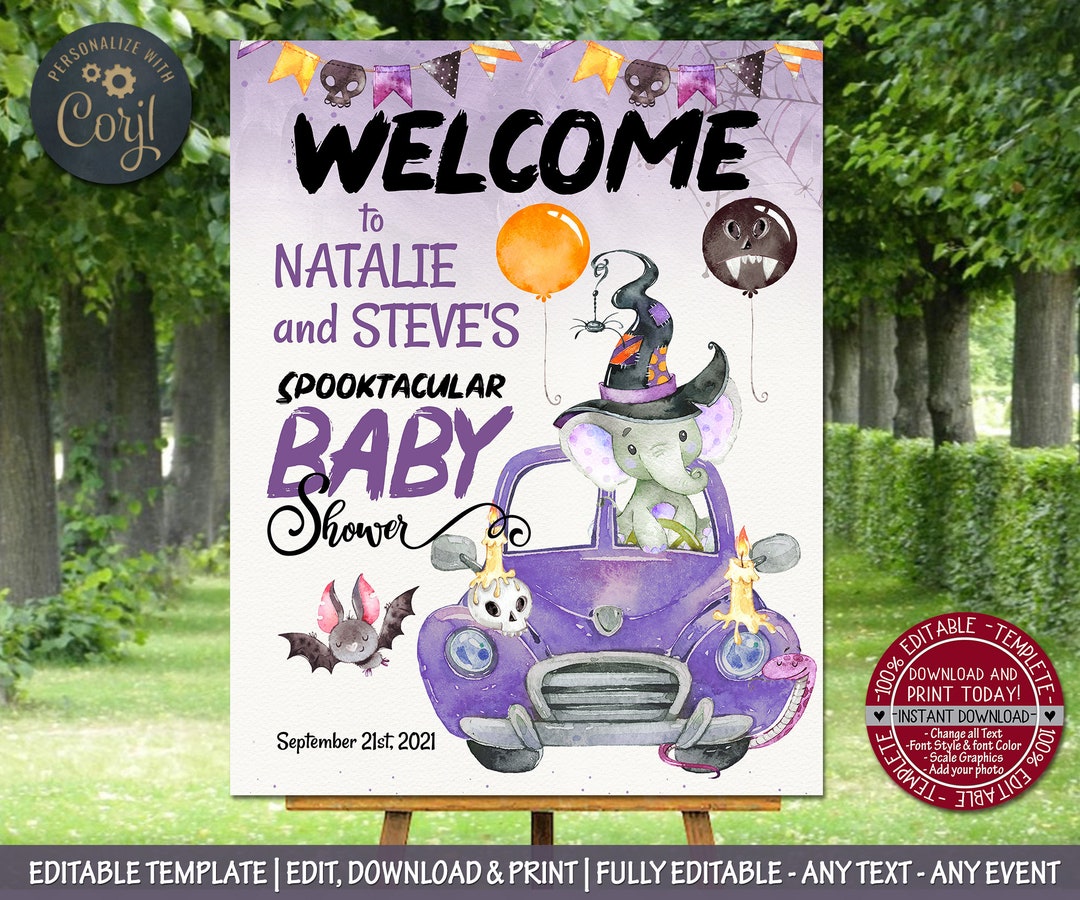 Halloween Baby Shower Welcome Sign Elephant Witch Hat Bats - Etsy