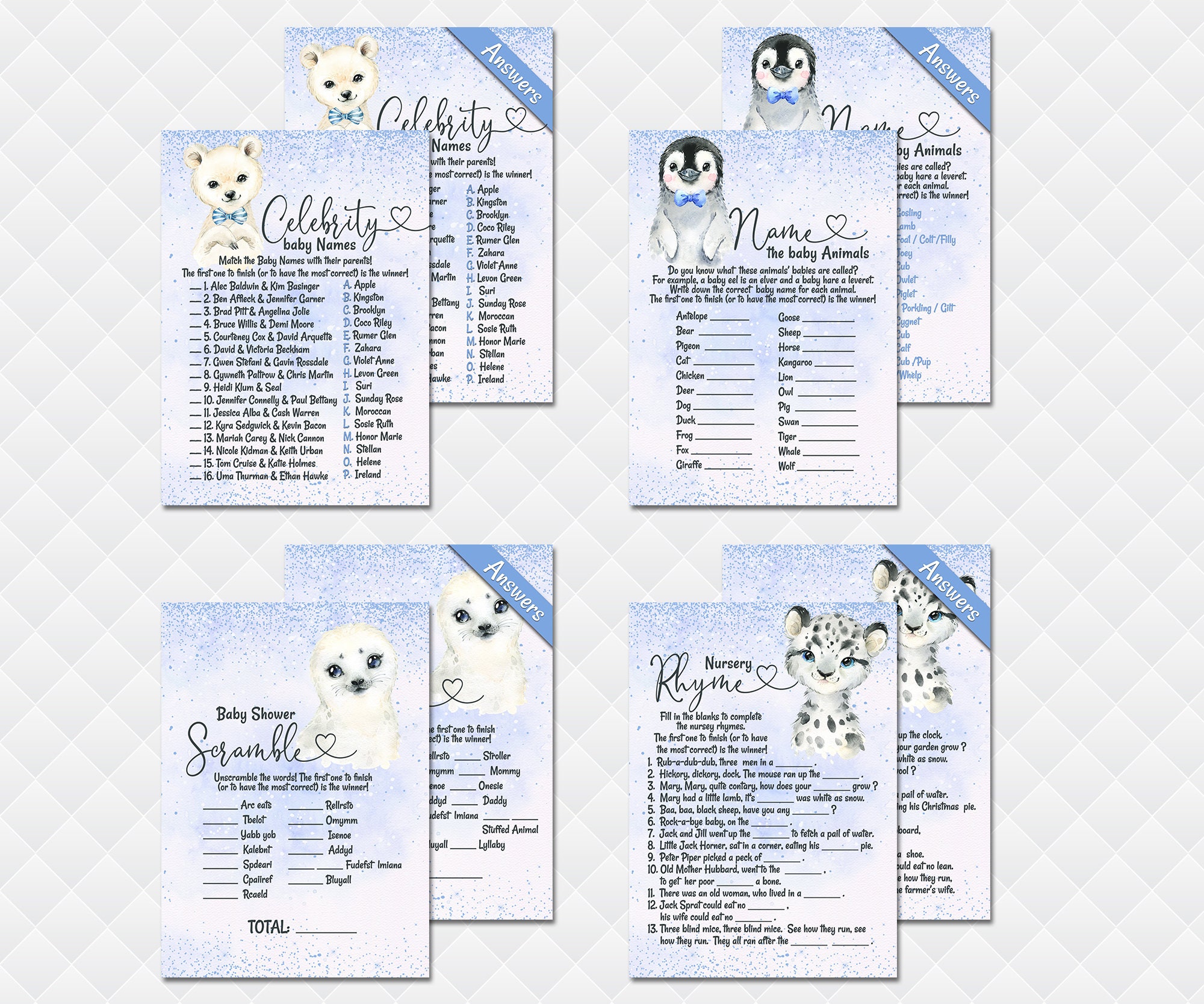 Penguin Baby Shower Games Package Nursery Rhyme Celebrity | Etsy