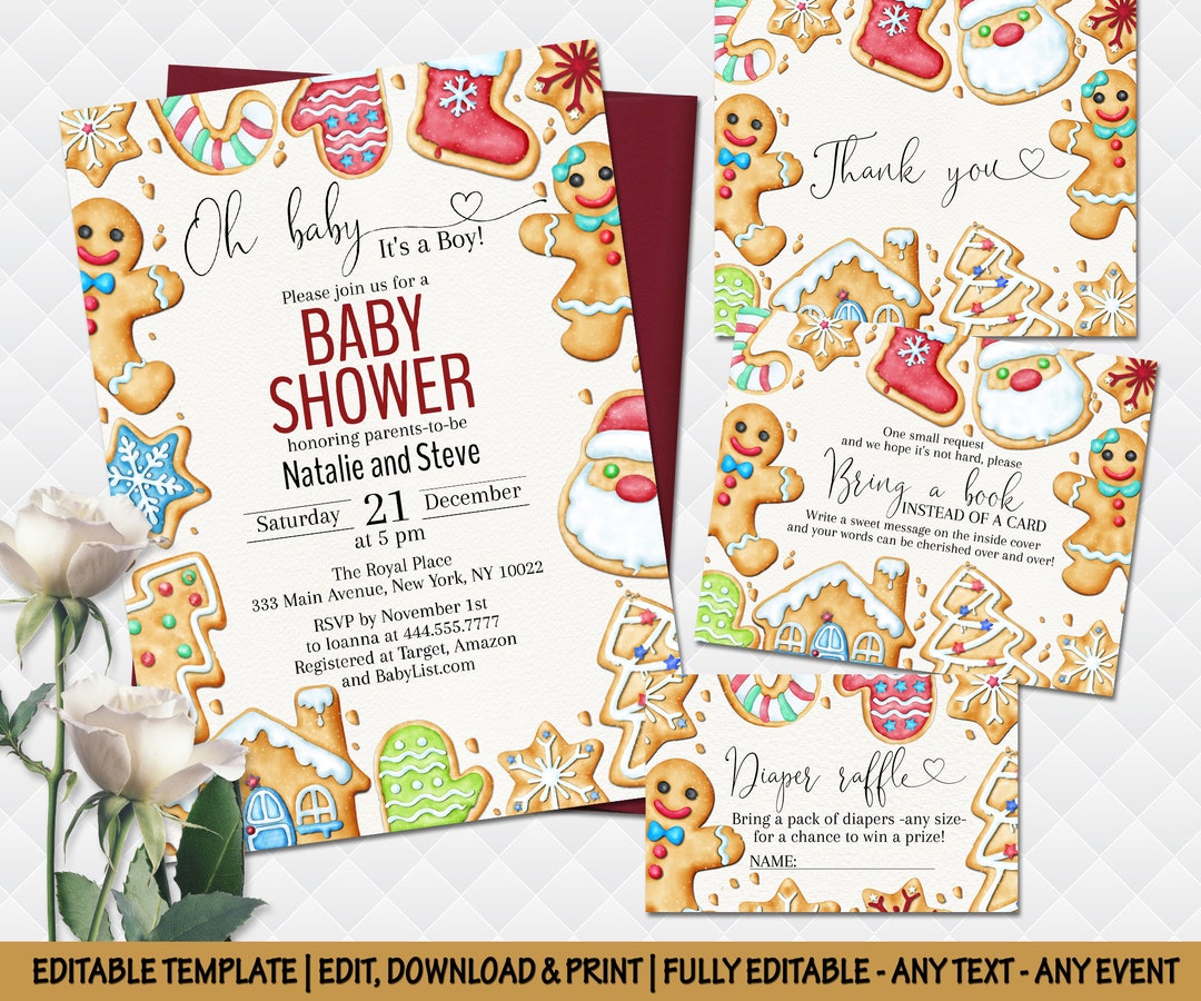 Christmas Gingerbread Baby Shower Invitation Girl Boy Winter Cookies ...