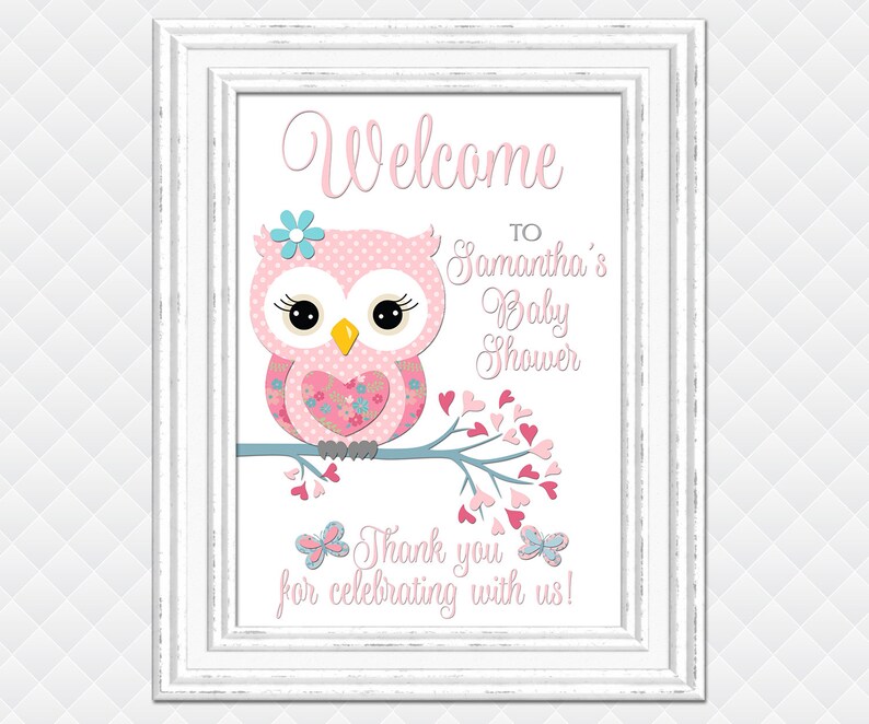 Owl Baby Shower Welcome Sign pink owl Welcome Poster | Etsy