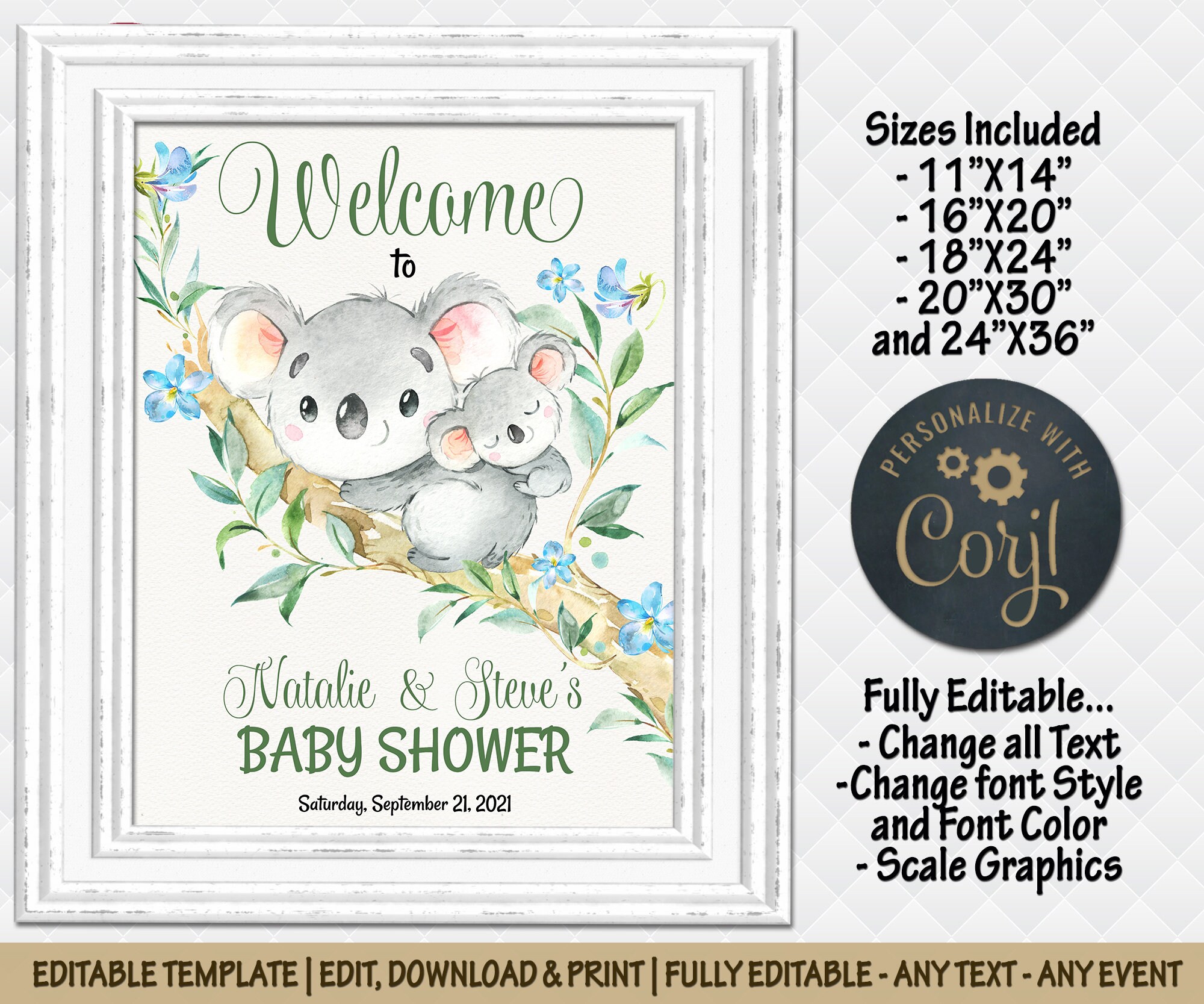 Koala Baby Shower Welcome Sign Neutral Welcome Poster Editable - Etsy