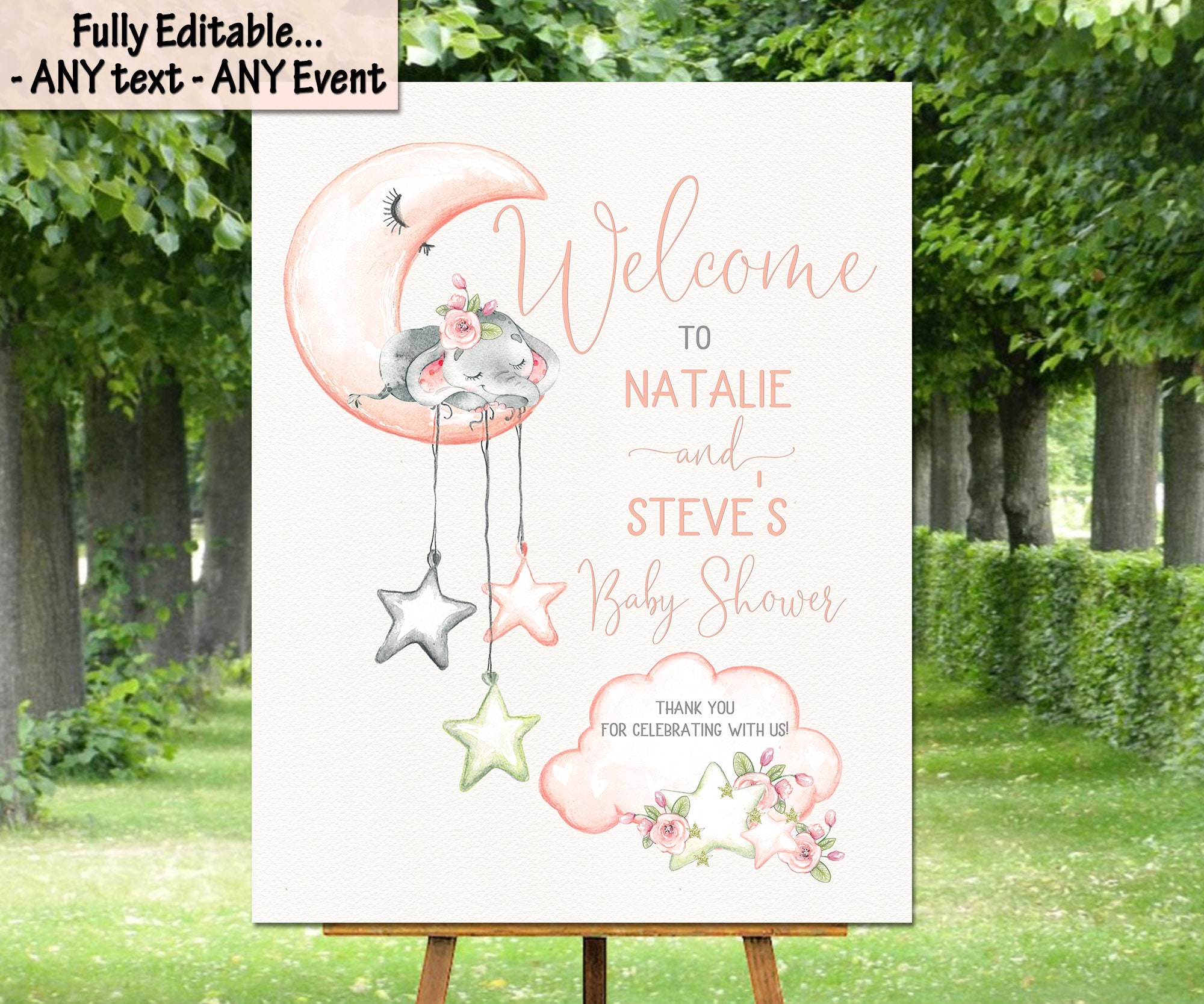 Twinkle Twinkle Little Star Welcome Sign Pink Elephant Moon | Etsy