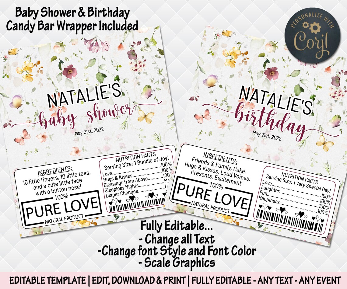 Butterflies Baby Shower Bar Wrapper Template Birthday - Etsy