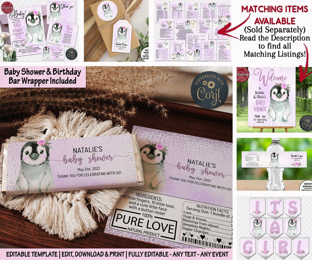 Penguin Baby Shower Bar Wrapper Template Birthday Candy Bar - Etsy