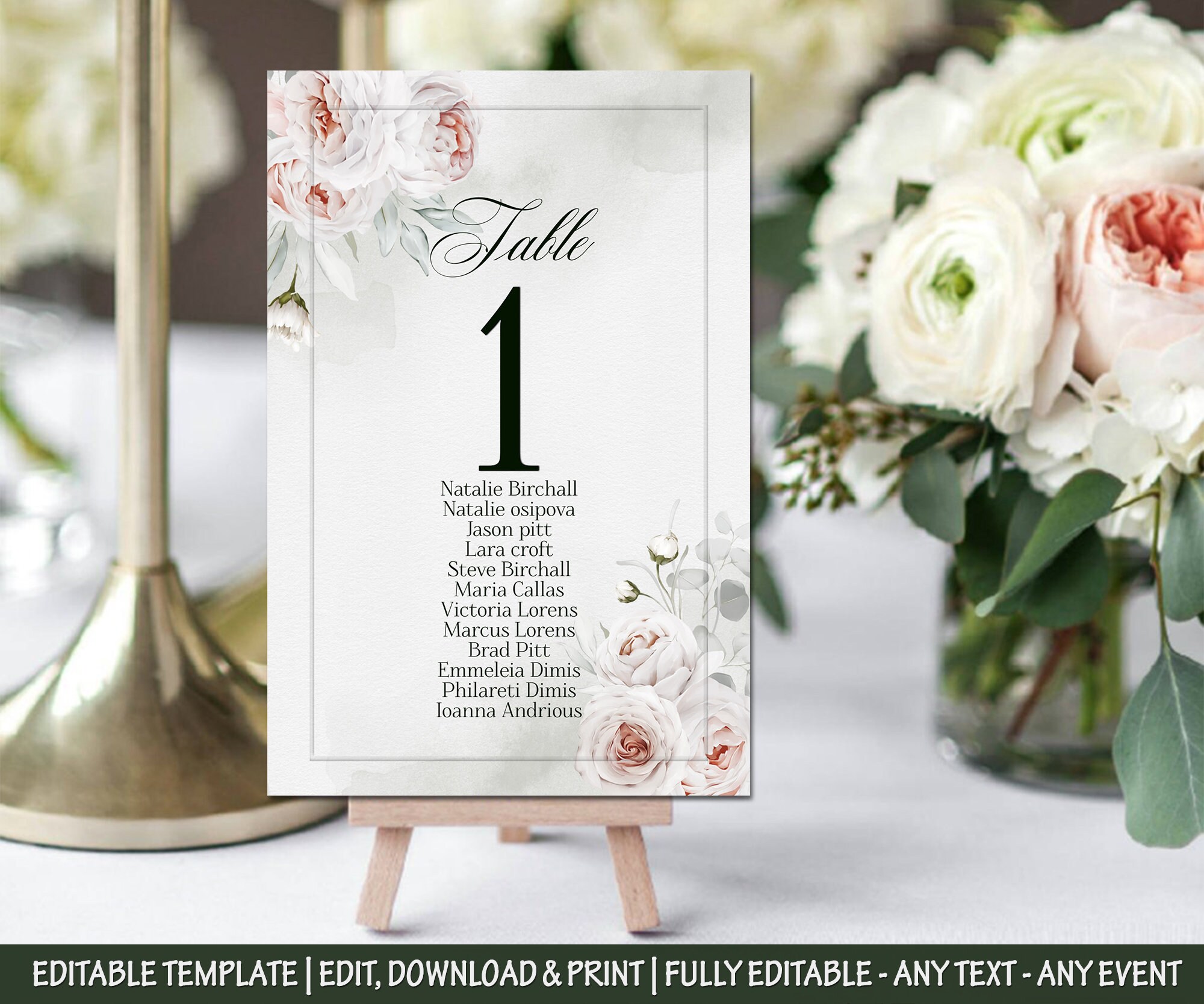White Roses Wedding Table Numbers Editable White Peonies - Etsy
