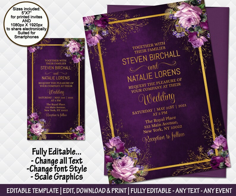 Purple Roses Wedding Invitation Editable Bridal Shower Invite - Etsy
