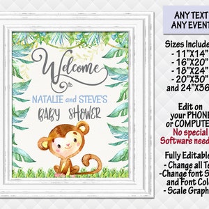 Monkey Baby Shower Welcome Sign Jungle Welcome Poster Blue Green ...