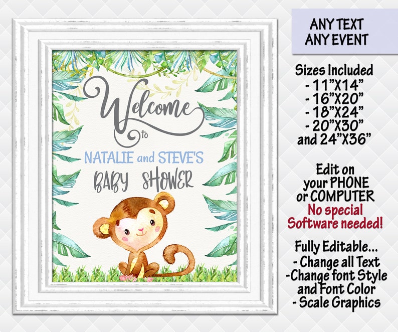 Monkey Baby Shower Welcome Sign Jungle Welcome Poster Blue | Etsy