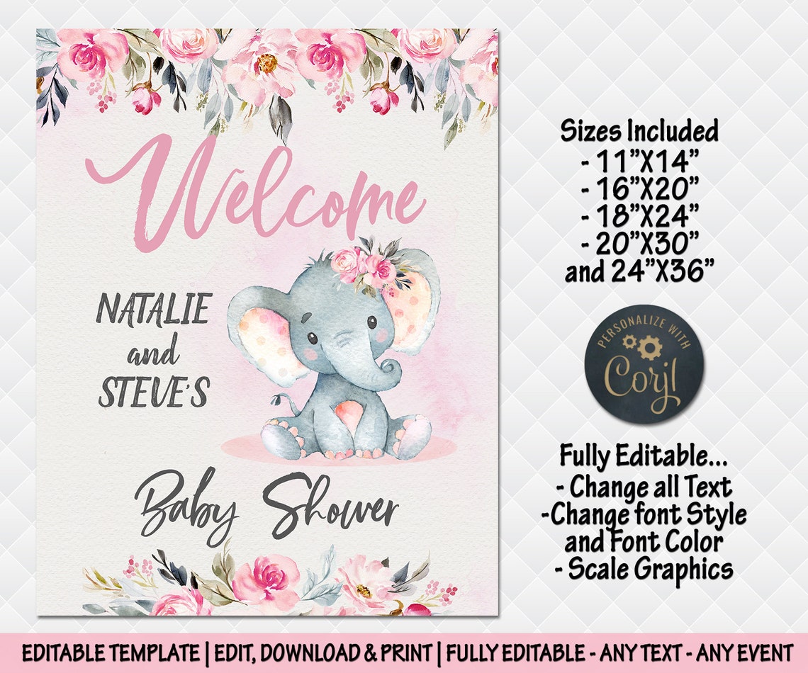 Pink Elephant Welcome Sign Baby Shower Welcome Sign Baptism | Etsy
