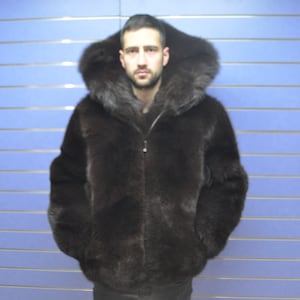 Luxury Full Skin Brown Fox Fur Mens Jacket Real Fur Bomber Skin to Skin ...