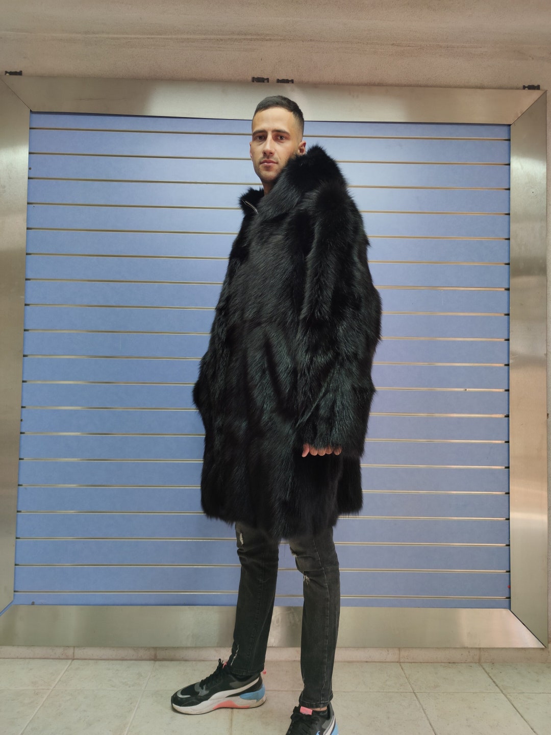 Luxury Black Fox Fur Mens Coat Real Fur Jacket Shiny Black Fox With ...