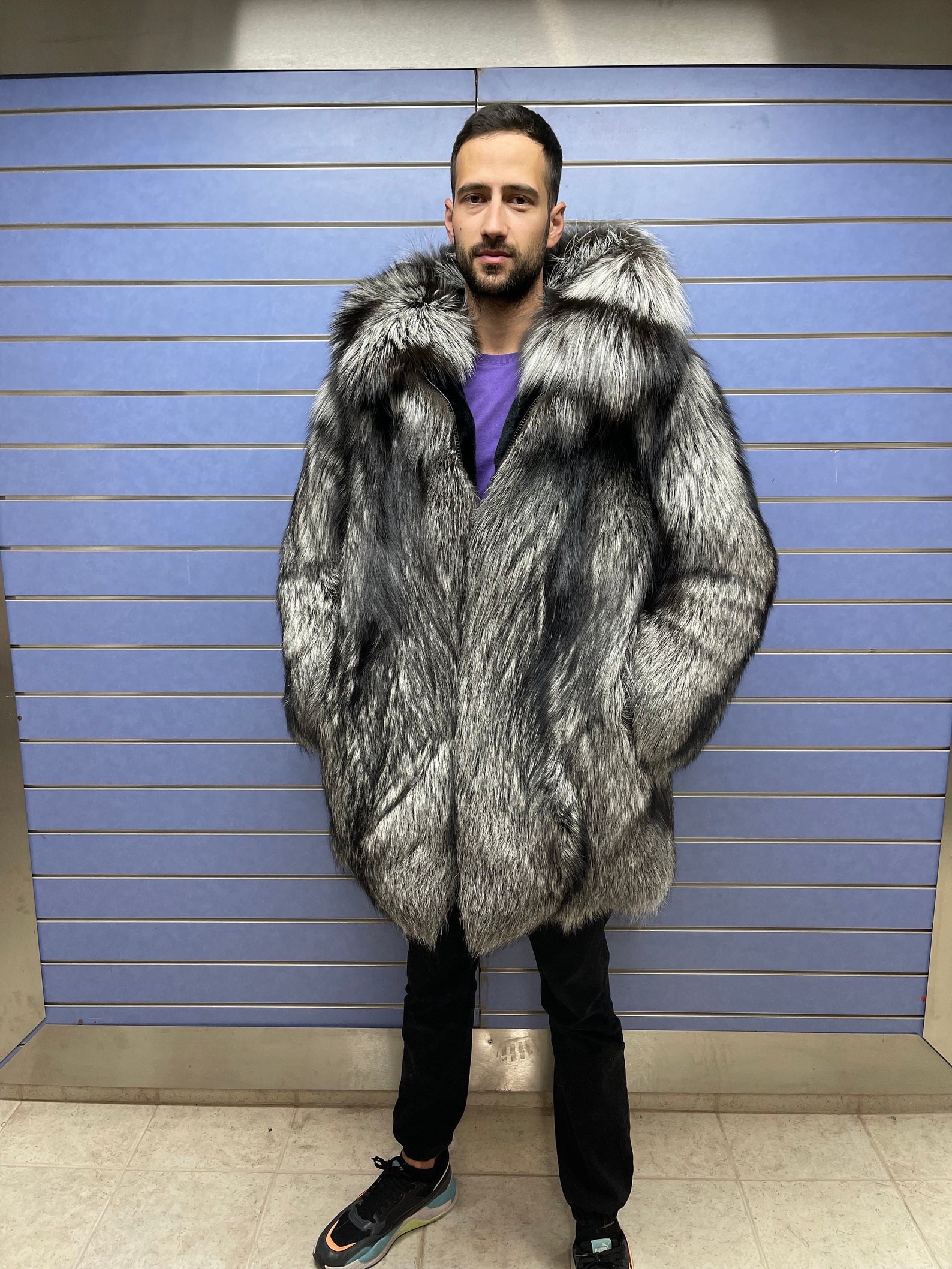 Luxury Full Skin Silver Fox Fur Mens Coat Real DOUBLE Side Rex Fur With ...
