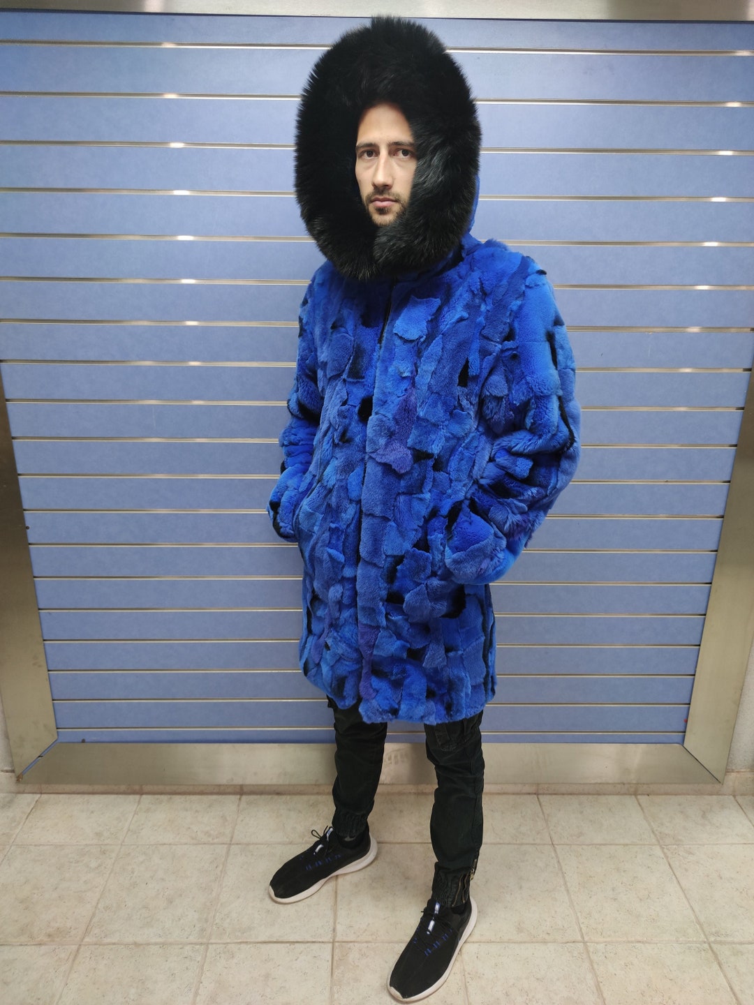 Luxury Blue Rex Rabbit Fur Mens Coat Real Fur Blue Coat With Hood and ...