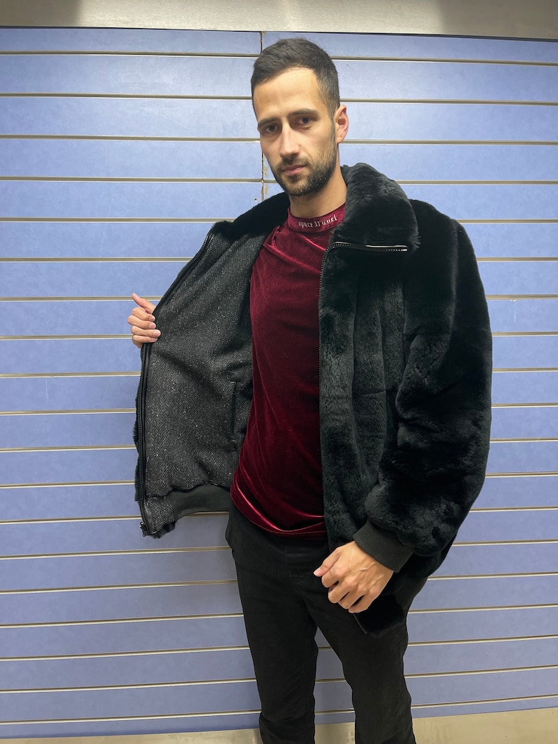 Luxury Black Rex Rabbit Bomber Jacket Real Rabbit Fur Full Skin Double ...