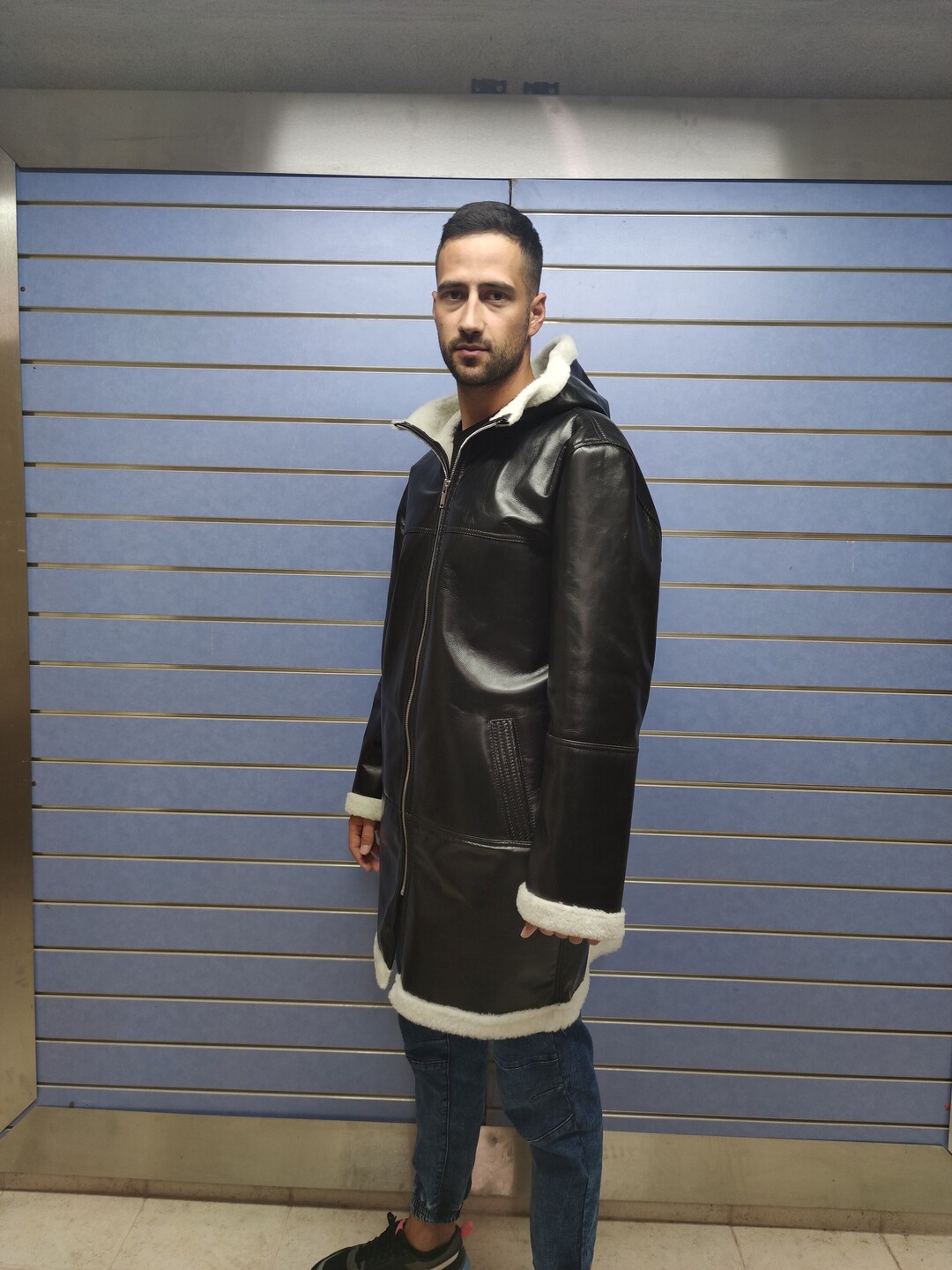 Luxury Black White Long Mouton Leather Coat With Hood Real Sheep Skin ...