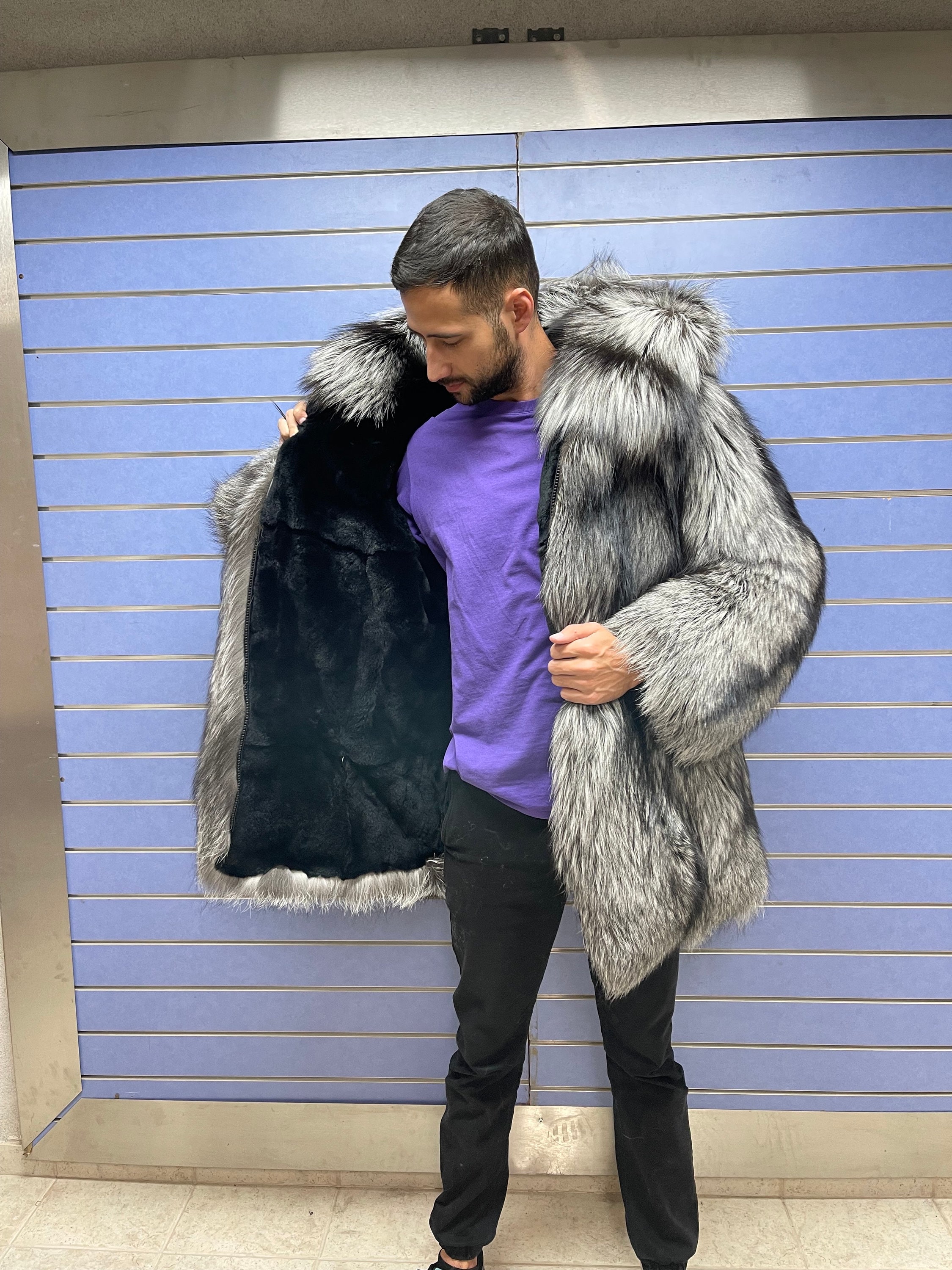 Luxury Full Skin Silver Fox Fur Mens Coat Real DOUBLE Side Rex Fur With ...