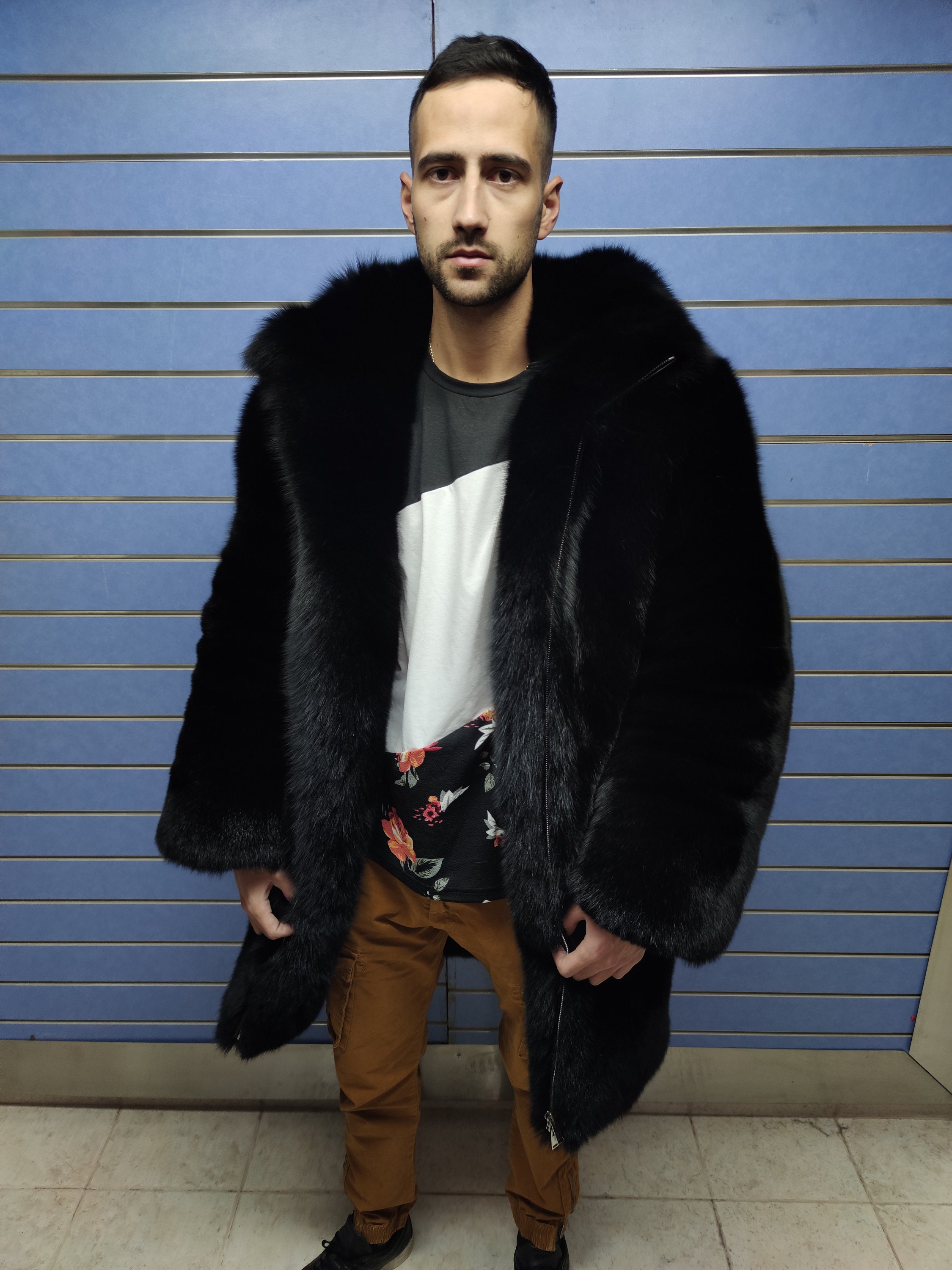 Luxury Full Skin Doublesided Black Fox Fur Mens Coat Real Fur Black Fox ...